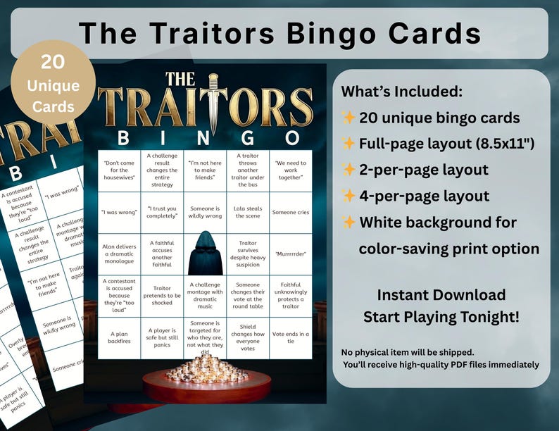 The Traitors Bingo Game | 20 Unique Cards - Etsy