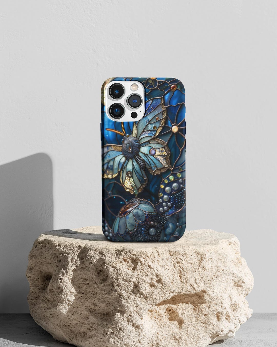 Blue Celestial Moth Stained Glass Phone Case for iPhone 17 16 15 14 13 ...