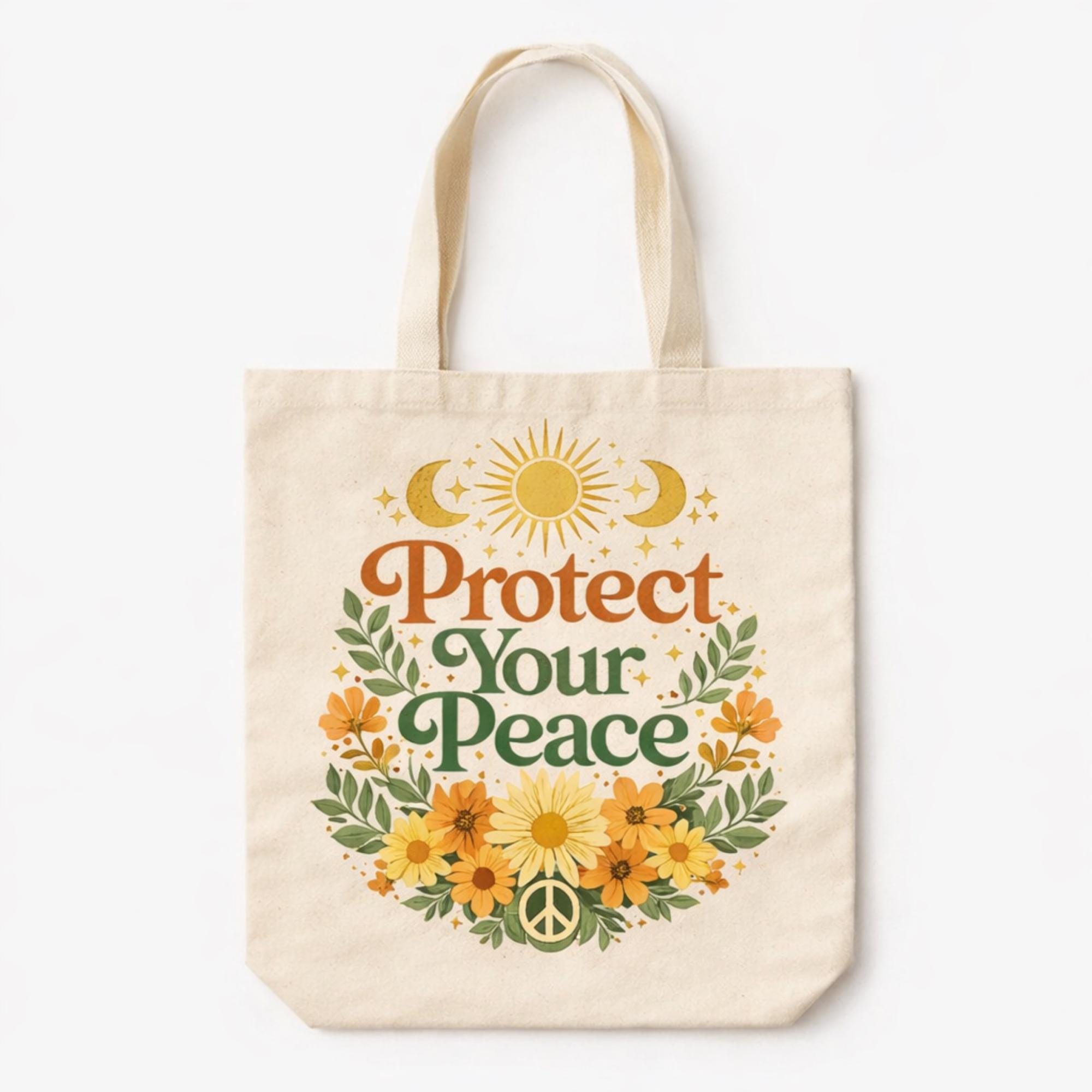 Floral Peace Symbol Tote Bag, Boho Canvas Market Bag, Spiritual Self ...