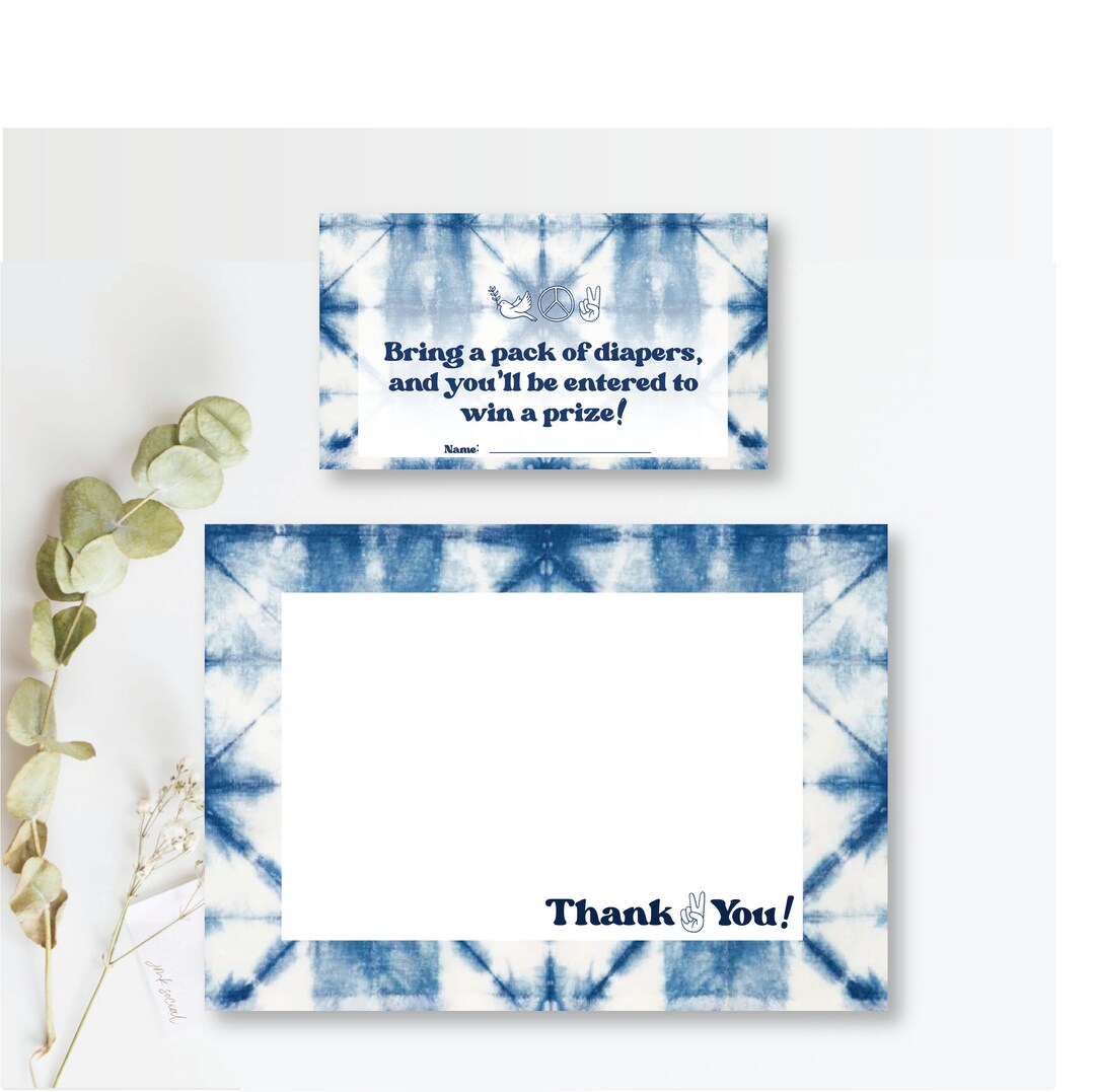 BABY SHOWER - Blue Tie Dye Thank You Card, Blue Tie Dye Diaper Raffle ...