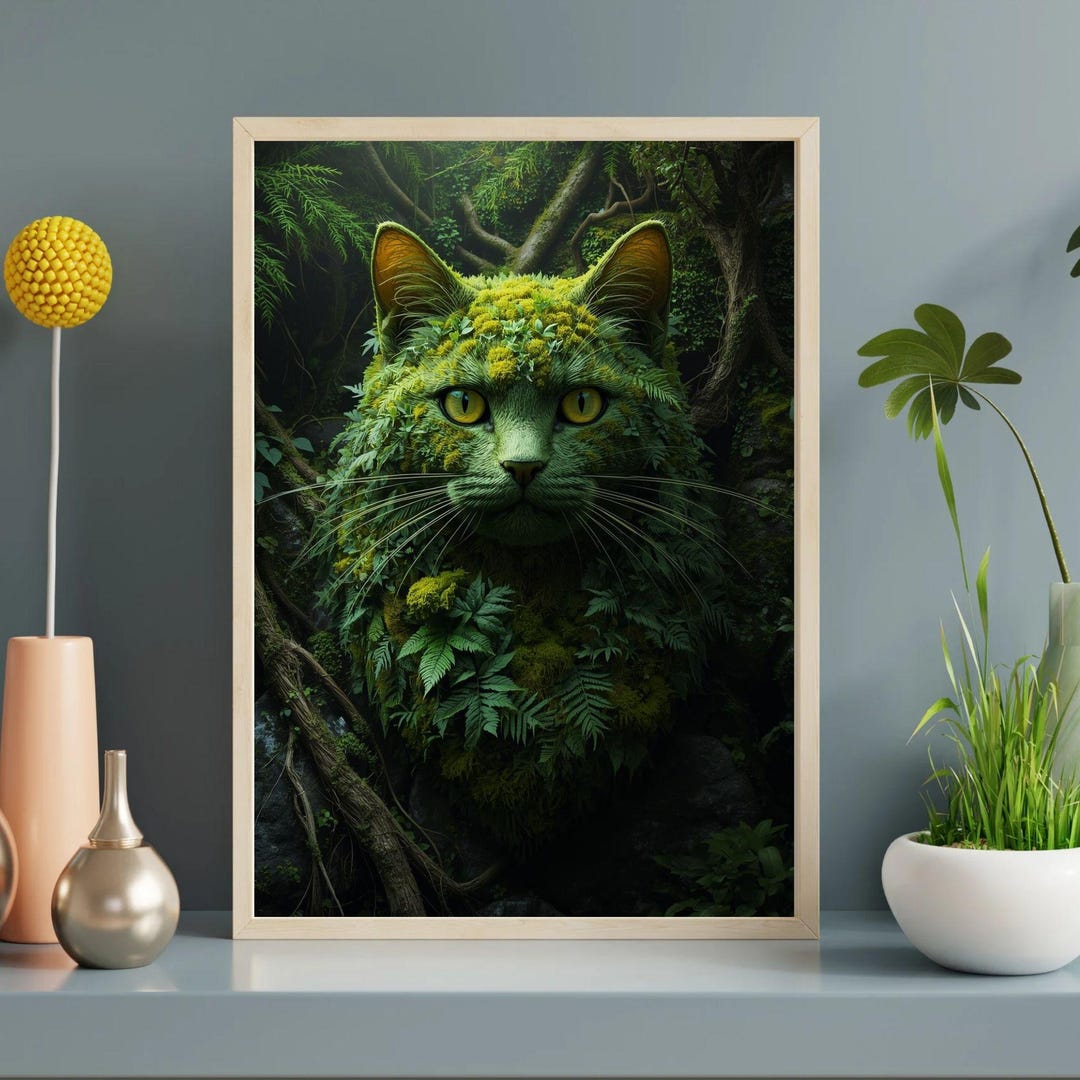 Moss Cat Wall Art Print, Green Forest Cat Artwork, Botanical Feline ...