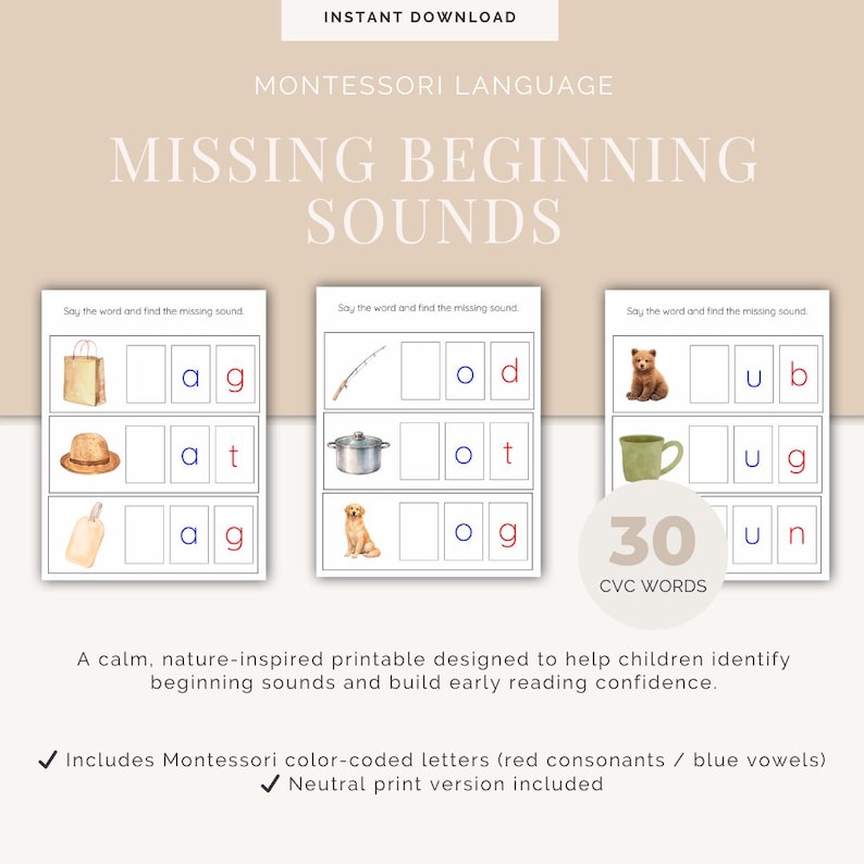 Missing Beginning Sounds – CVC Words | Montessori Phonics Printable ...