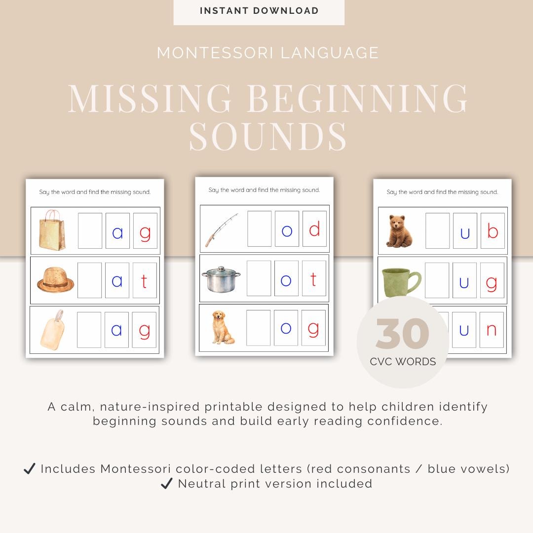 Missing Beginning Sounds – CVC Words | Montessori Phonics Printable ...