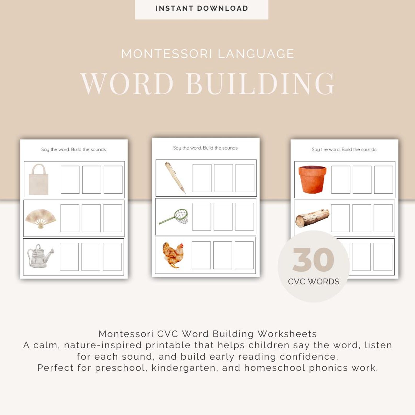 Montessori CVC Word Building | Say the Word Build the Sounds | Nature ...
