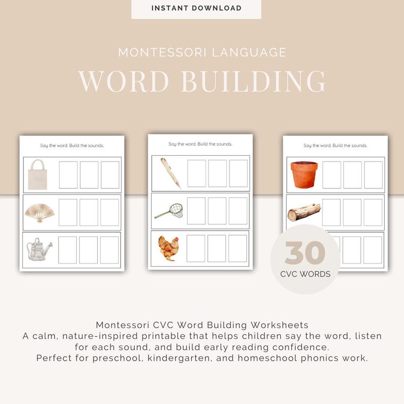 Montessori CVC Word Building | Say the Word Build the Sounds | Nature ...
