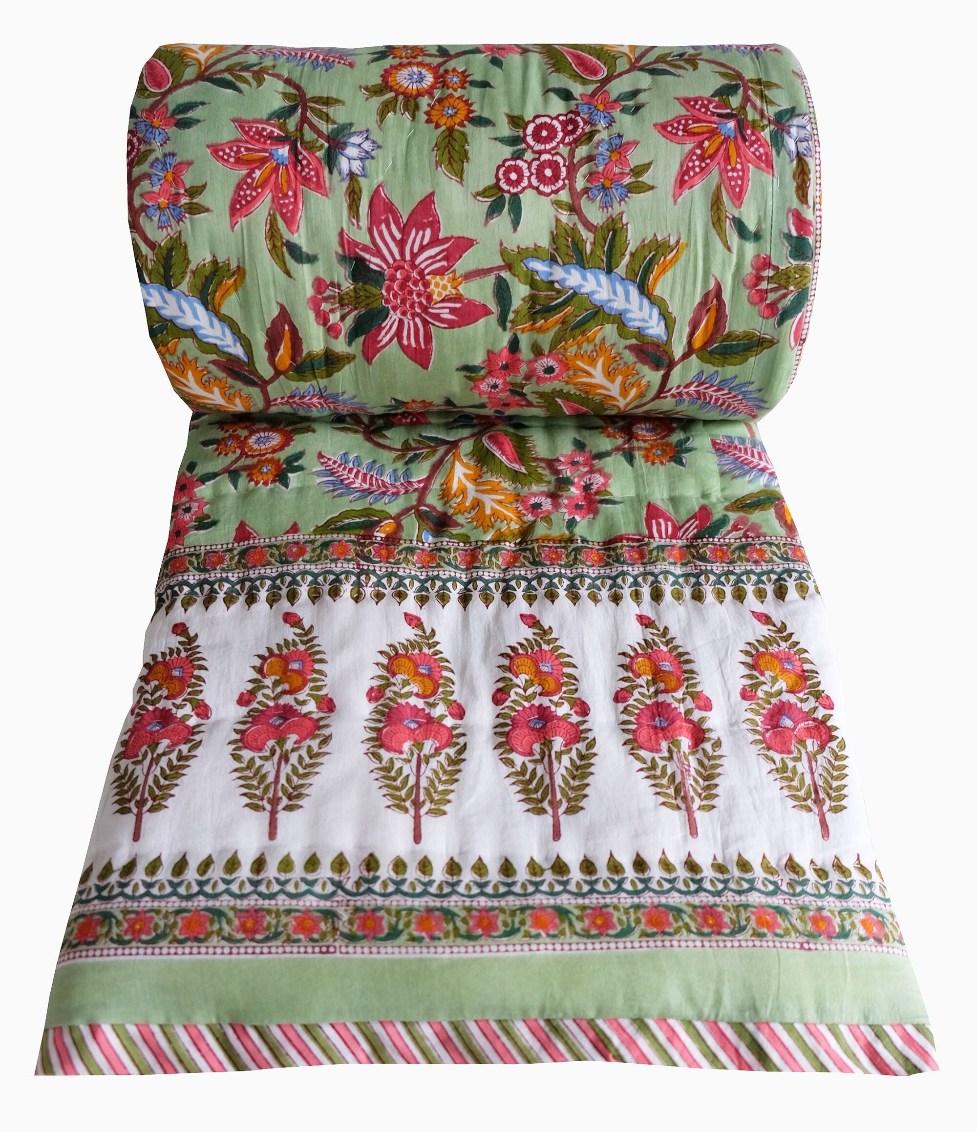 Twin Quilt 70 X 108 - Palampore Lime - 100% Cotton, Reversible Quilt ...