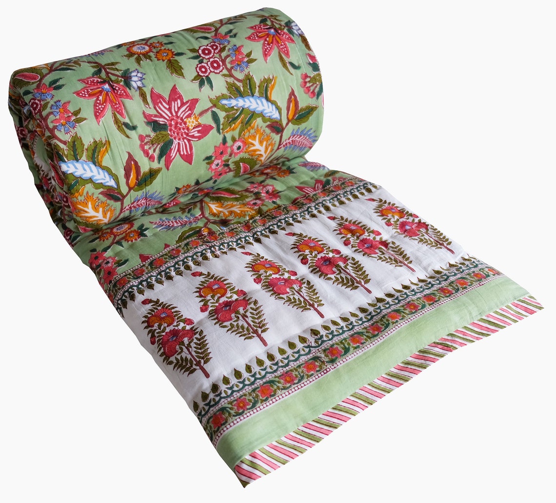 Twin Quilt 70 X 108 - Palampore Lime - 100% Cotton, Reversible Quilt ...