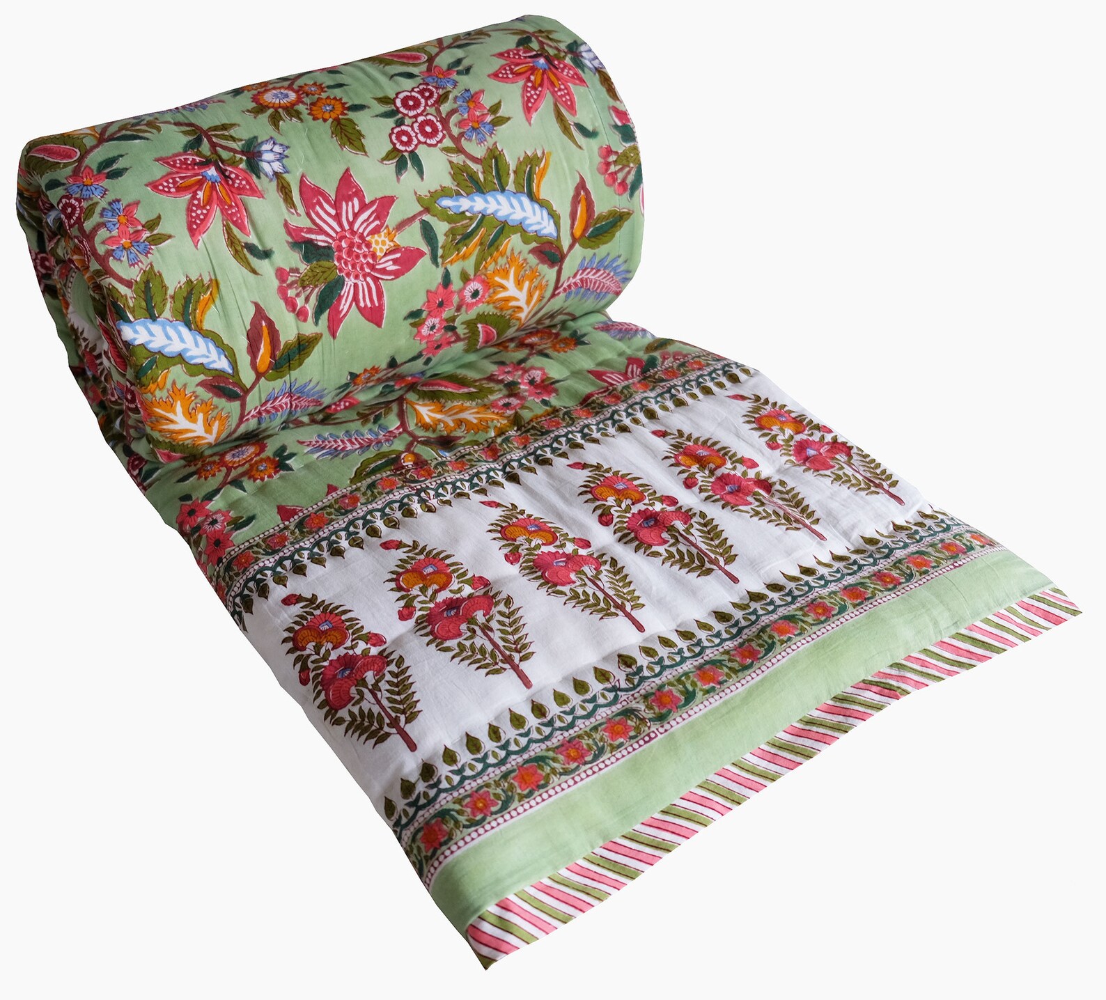 Twin Quilt 70 X 108 - Palampore Lime - 100% Cotton, Reversible Quilt ...