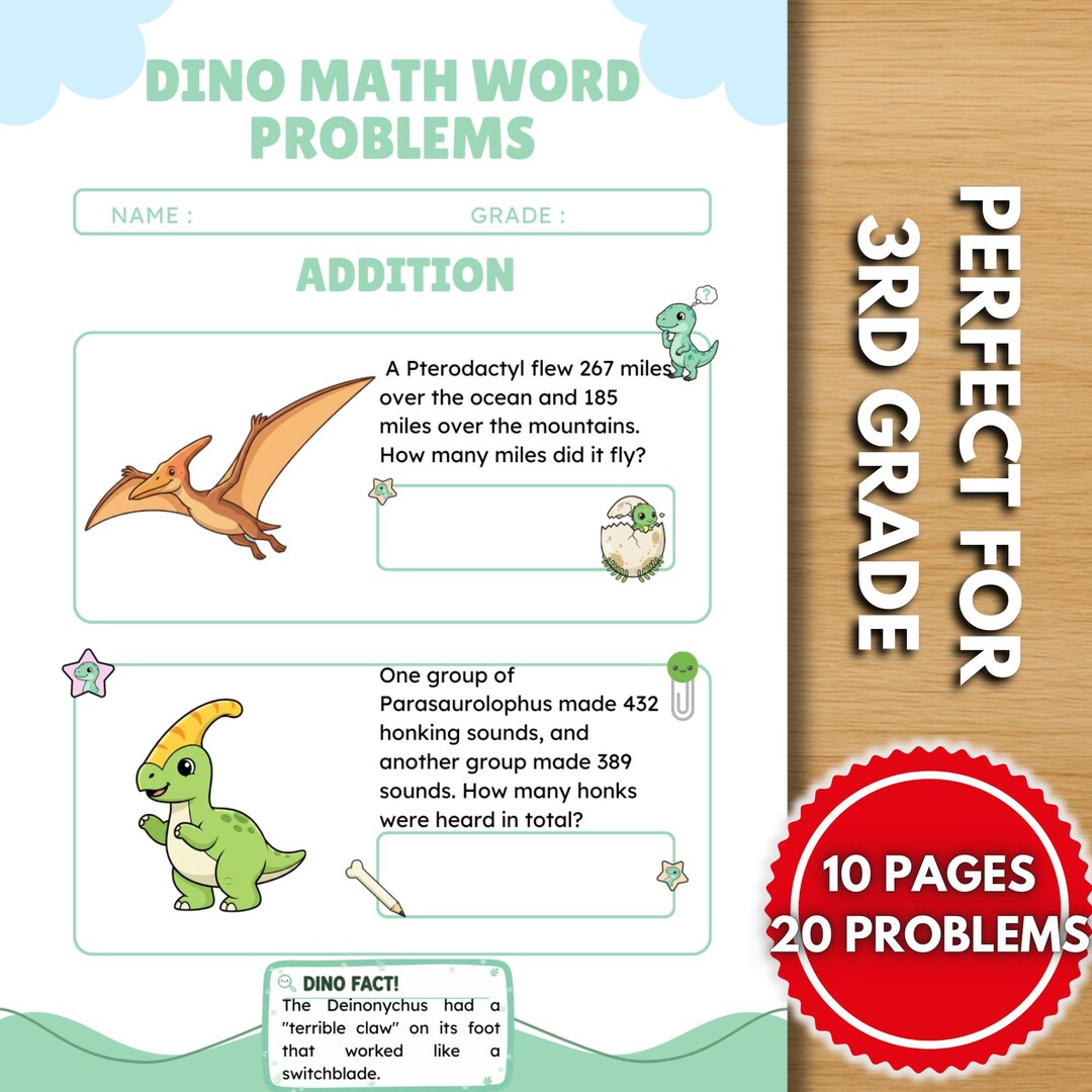 3rd Grade Addition Word Problems Printable - Dinosaur Math Worksheets ...