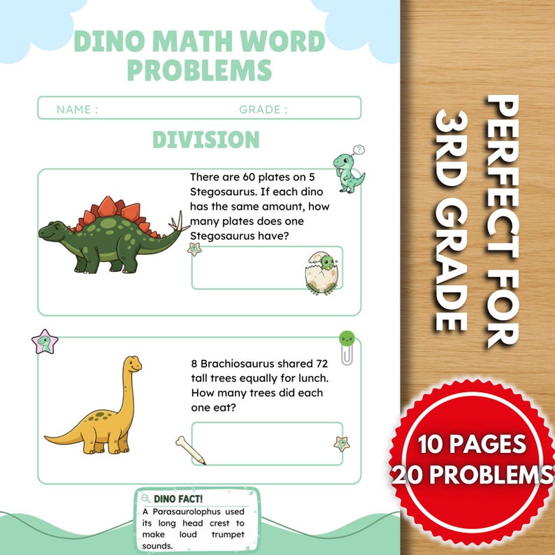 3rd Grade Division Word Problems Printable - Dinosaur Math Worksheets ...