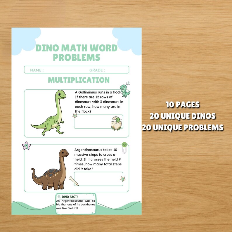 3rd Grade Multiplication Word Problems Printable - Dinosaur Math ...