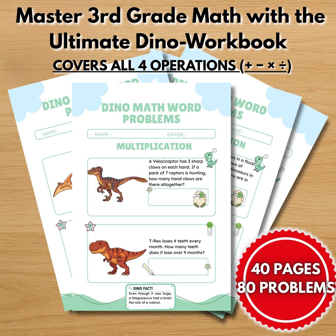 3rd Grade Math Word Problems Mega Bundle - Dinosaur Themed Addition ...