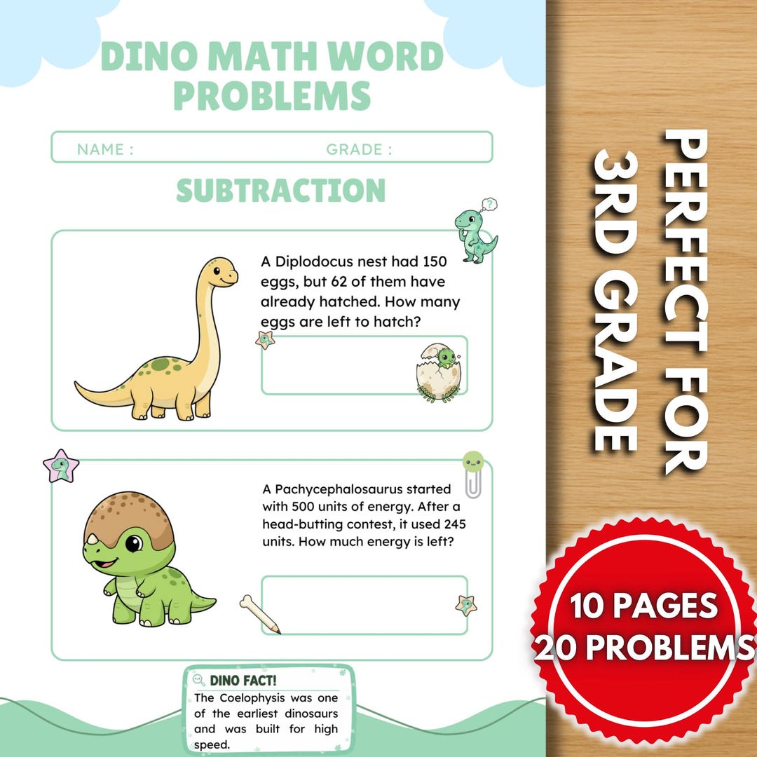 3rd Grade Subtraction Word Problems Printable -dinosaur Math Worksheets ...