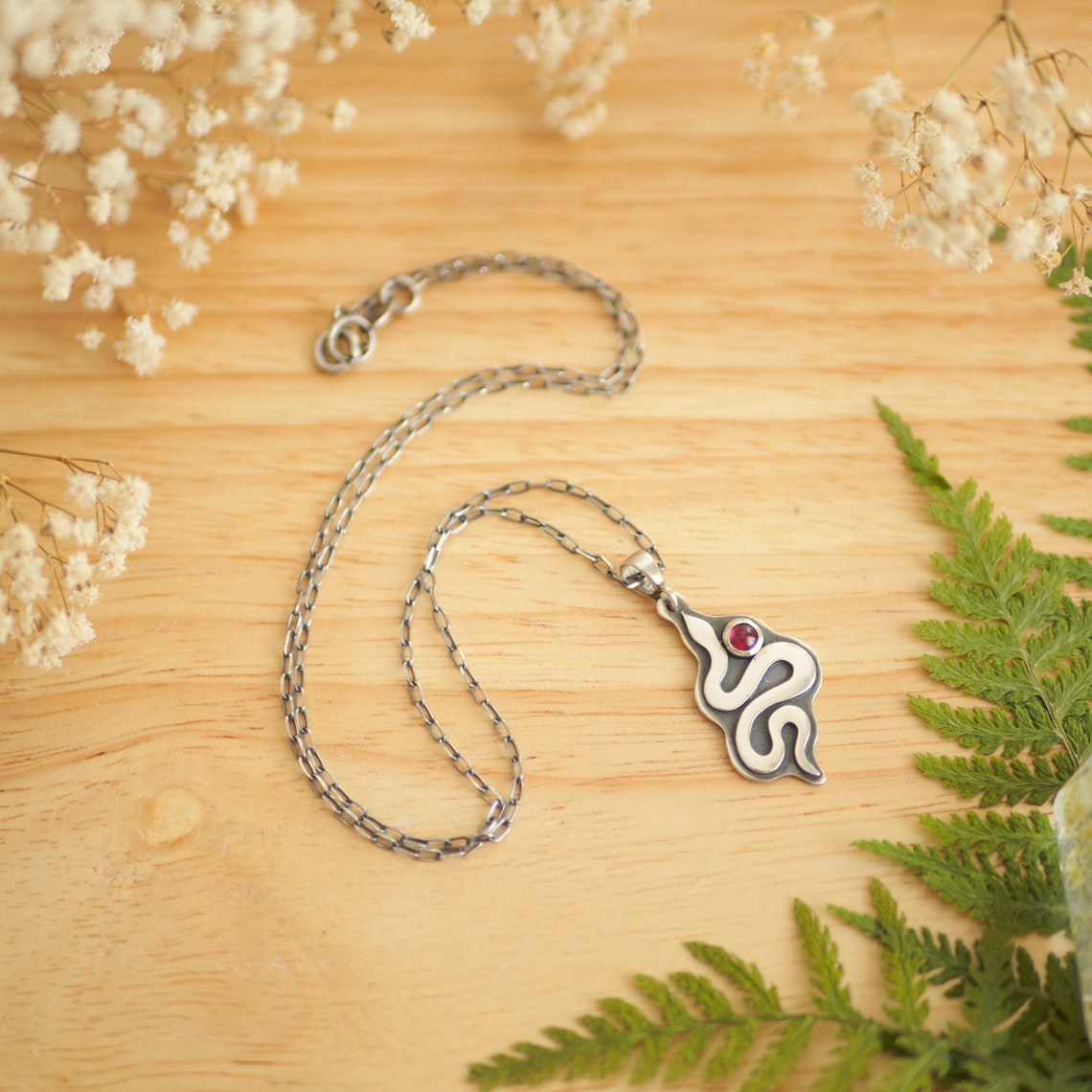 Silver Snake Necklace With Garnet Sterling Silver Snake - Etsy