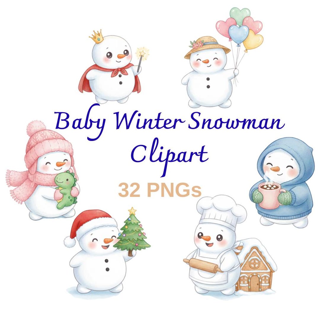Baby Winter Snowman Clipart Set L Skier, Santa Claus, Chef Snowmen L ...