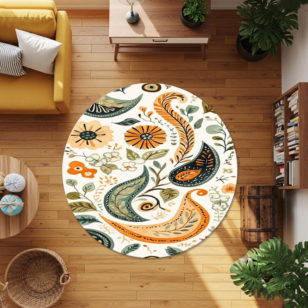 Boho Floral Round Rug | Vintage Botanical Pattern Oval Rug | Soft Cozy ...