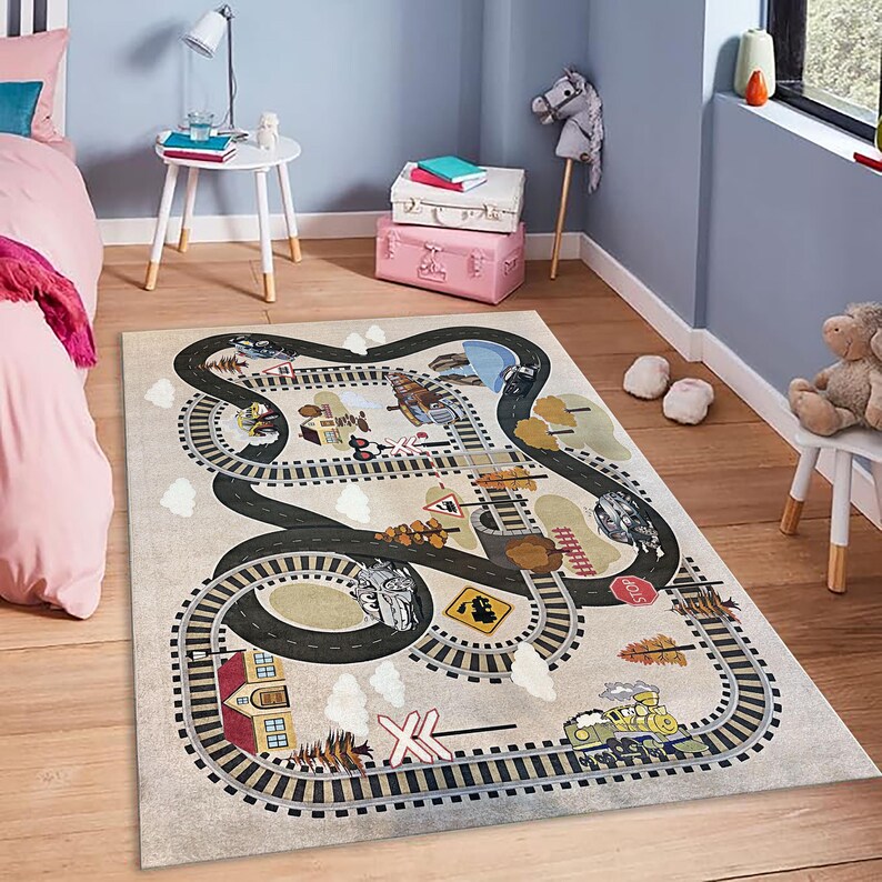 Kids Playroom Road Rug With Cars & Trains, Educational Play Mat for ...