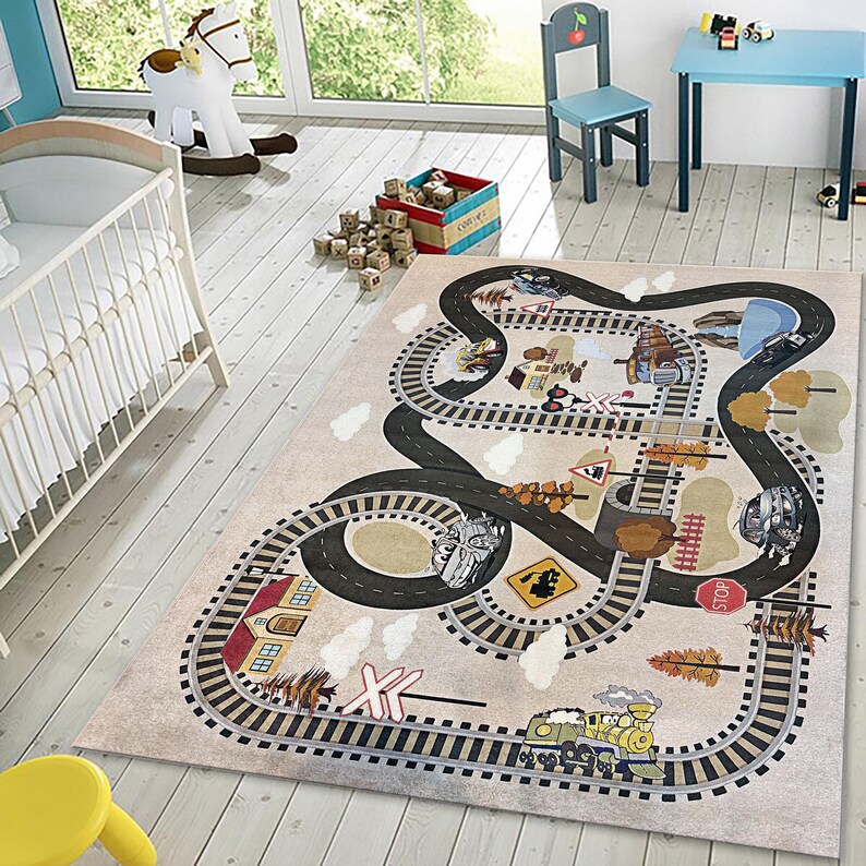 Kids Playroom Road Rug With Cars & Trains, Educational Play Mat for ...
