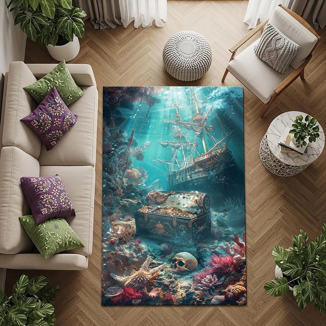 Pirate Ship Rug | Underwater Pirate Treasure Area Rug | Ocean Theme ...