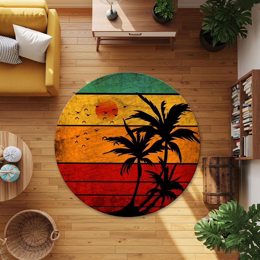 Sunset Palm Tree Round Rug, Tropical Beach Oval Rug, Colorful Sea ...