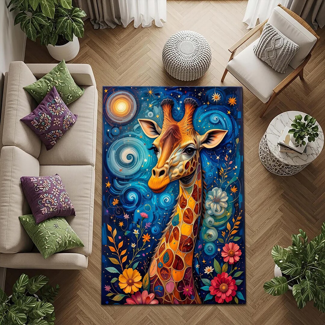 Giraffe Art Rug – Vibrant Fantasy Rug Design With Colorful Floral ...