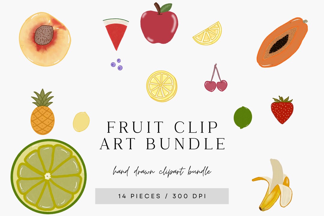 Summer Fruit Clipart Bundle PNG, Hand Drawn Fruit Clip Art Set, Lemon ...