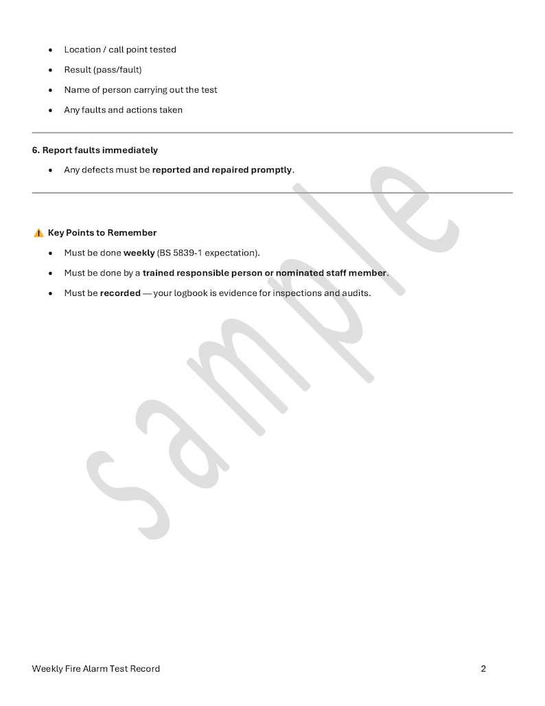 Weekly Fire Alarm Test Record Log Book | BS5839 Compliant | Fire Safety ...