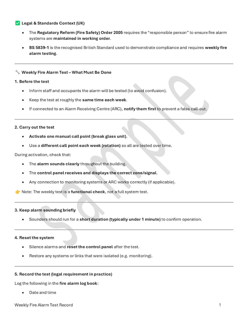 Weekly Fire Alarm Test Record Log Book | BS5839 Compliant | Fire Safety ...