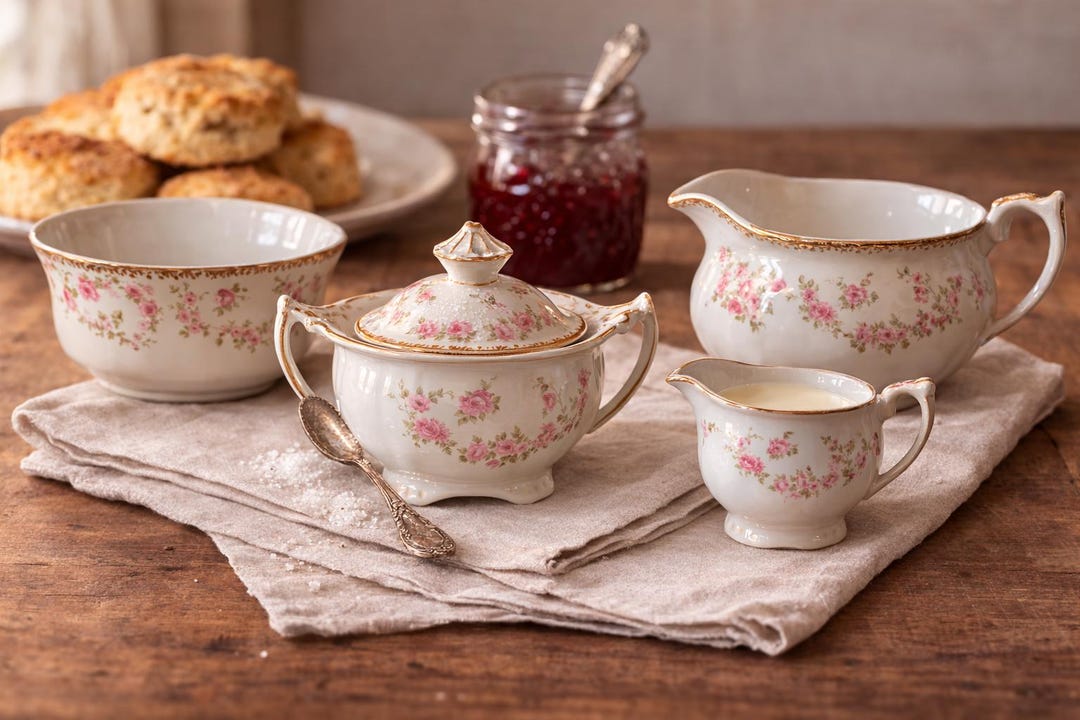 Vintage Meakin Pink Rose Garland Tea Service Set – Creamer, Lidded ...