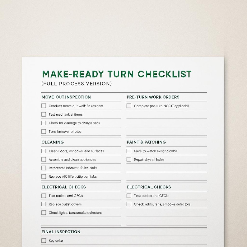 Make-ready Turn Checklist | Property Management (PDF) - Etsy