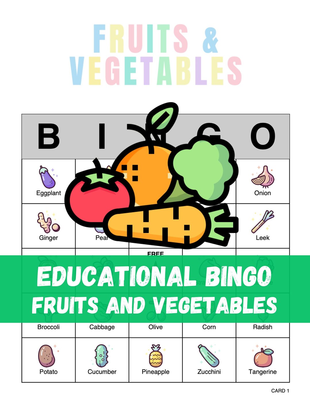 Fruits and Vegetables Bingo Game for Kids, 50+ Printable Bingo Cards ...