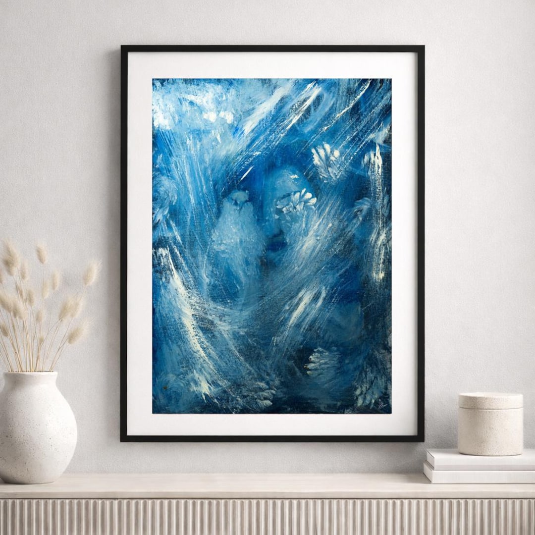 Mystery Female Face Wall Art, Deep Blue Melancholy Aesthetic Gift for ...
