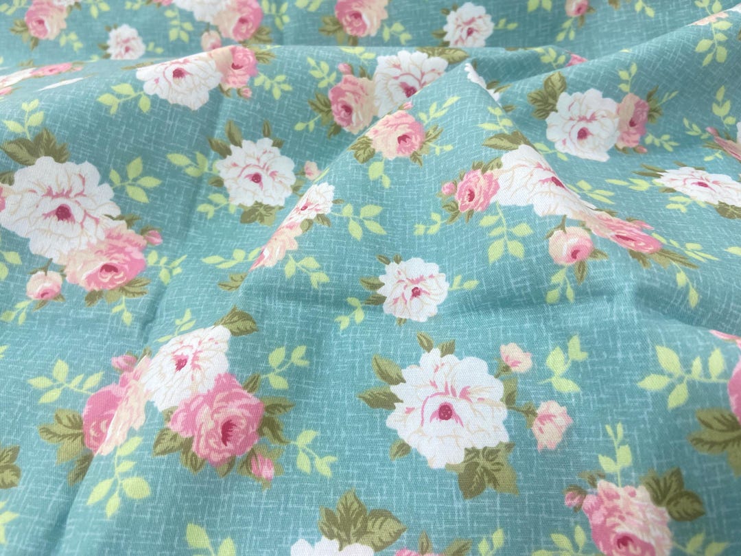 Teal Blue Floral Cotton Fabric | Shabby Chic Rose Print Sewing Material ...