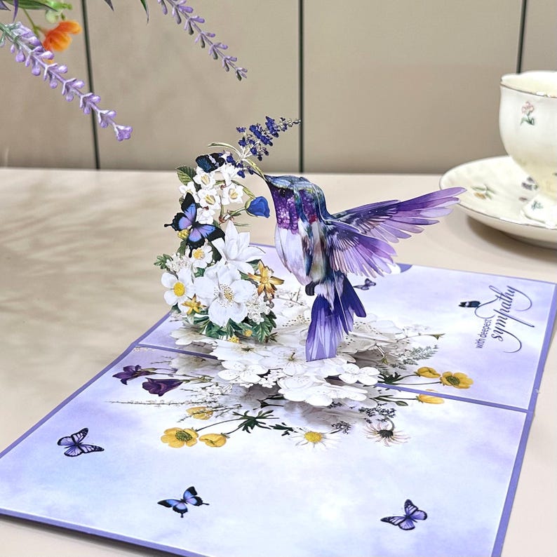 Handmade 3D Hummingbird Sympathy Card, Floral Pop up Condolence Card ...