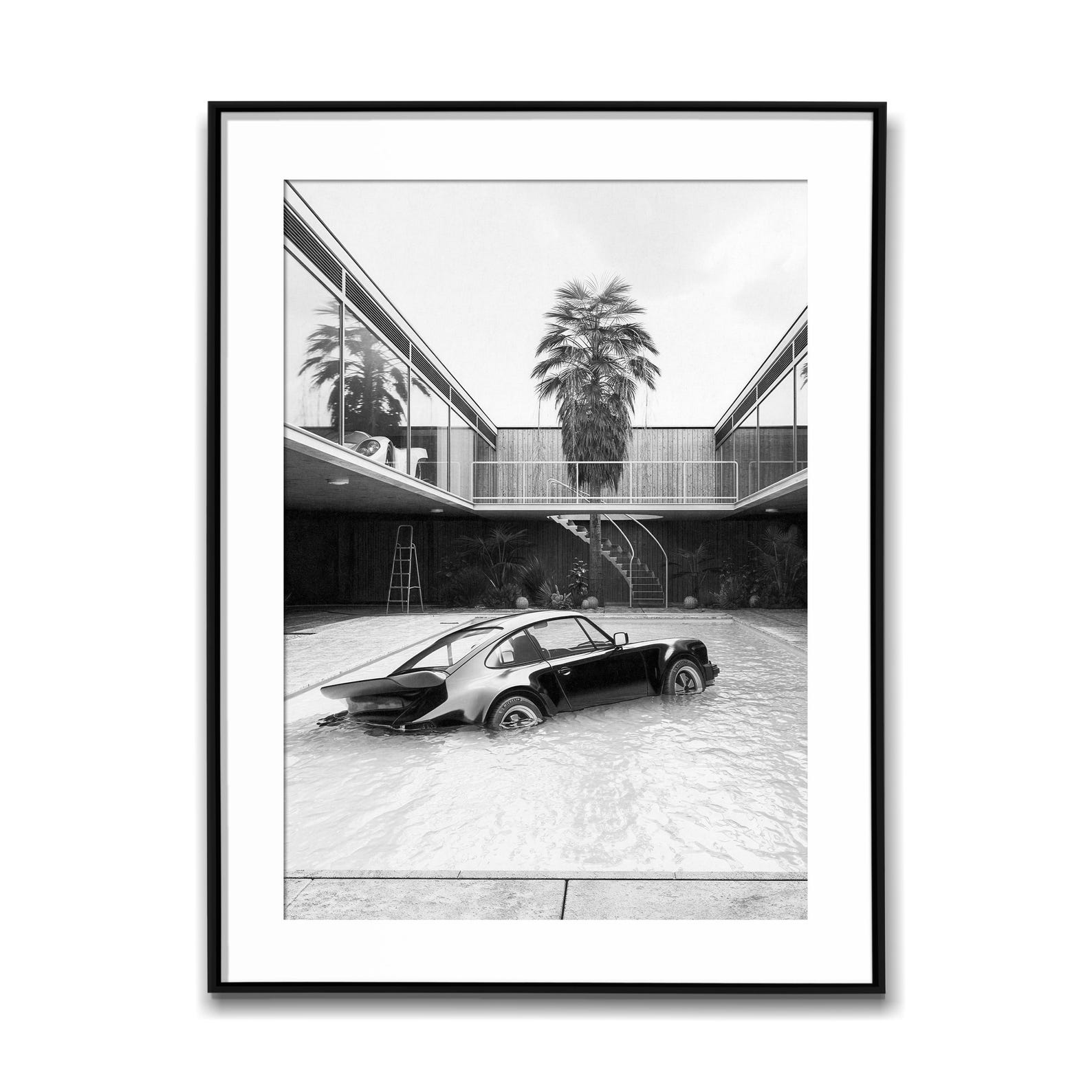 Porsche 911 Half Submerged in A Pool; Black & White Wall Art Poster ...