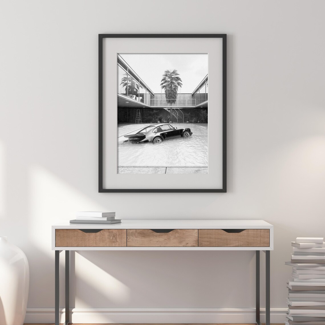 Porsche 911 Half Submerged in A Pool; Black & White Wall Art Poster ...