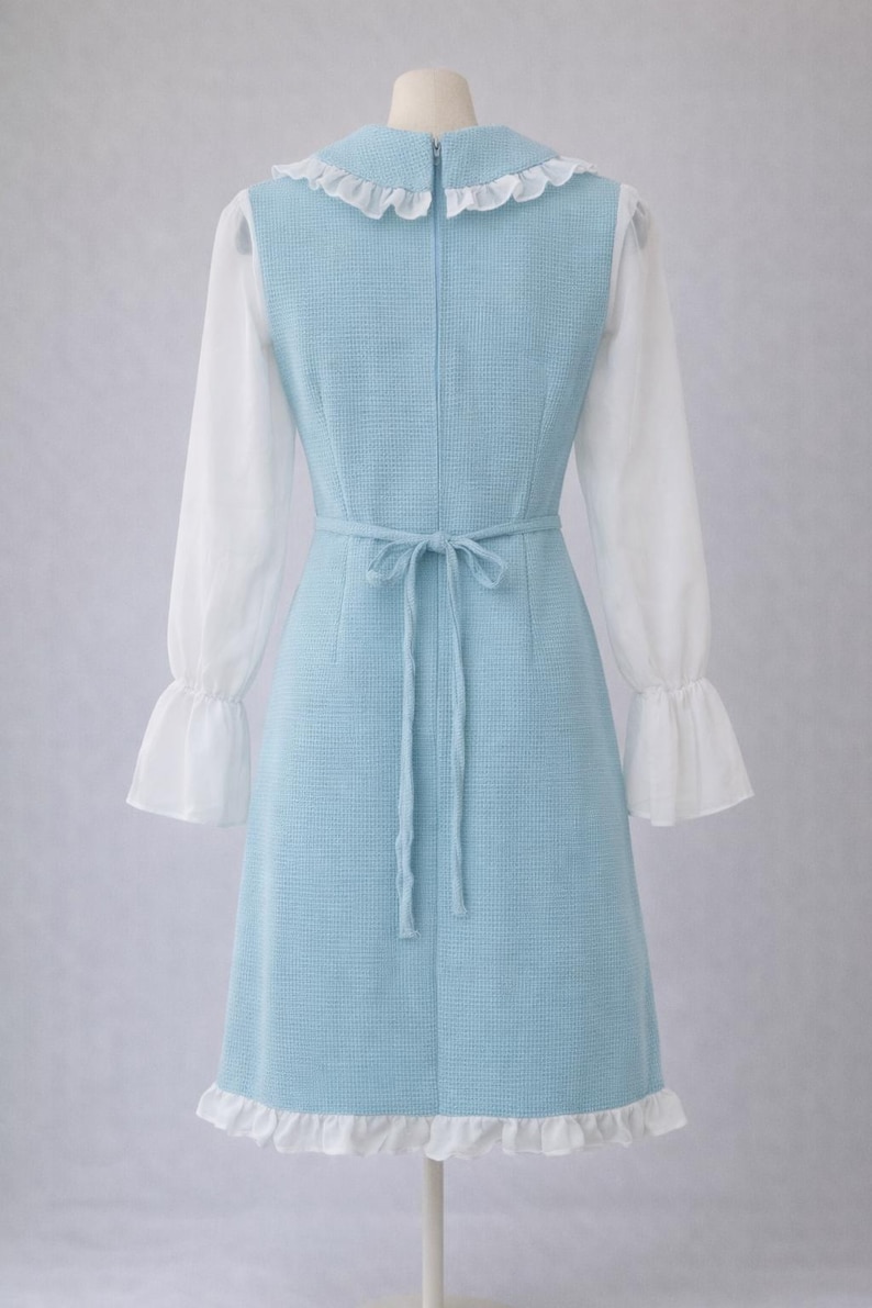 Vintage Blue Mini Dress With Sheer Sleeves | 1970s Ruffle Collar Mod ...