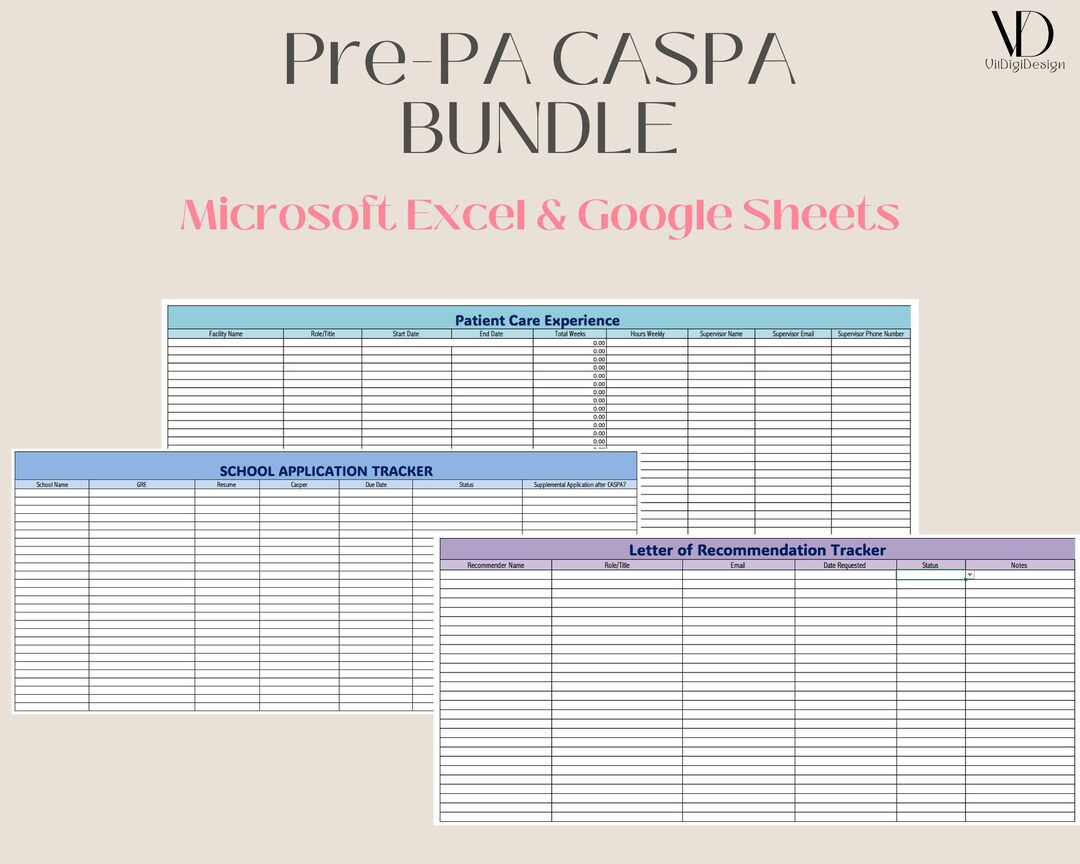 Pre-pa Application Tracker Bundle — CASPA Spreadsheet, LOR Tracker ...