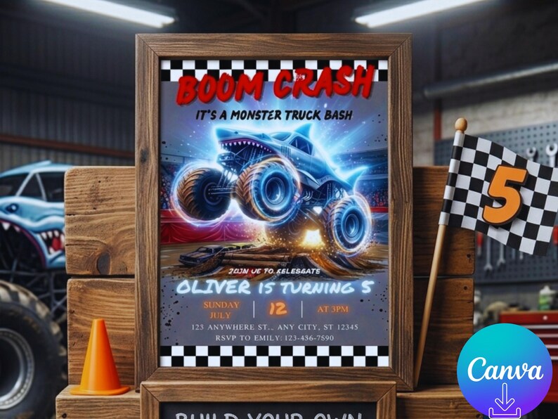 BOOM CRASH Monster Truck Invitation, Truck Birthday Party Invite, Boy ...