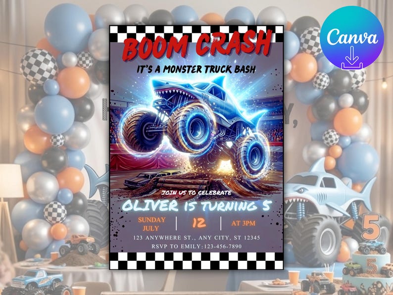 BOOM CRASH Monster Truck Invitation, Truck Birthday Party Invite, Boy ...