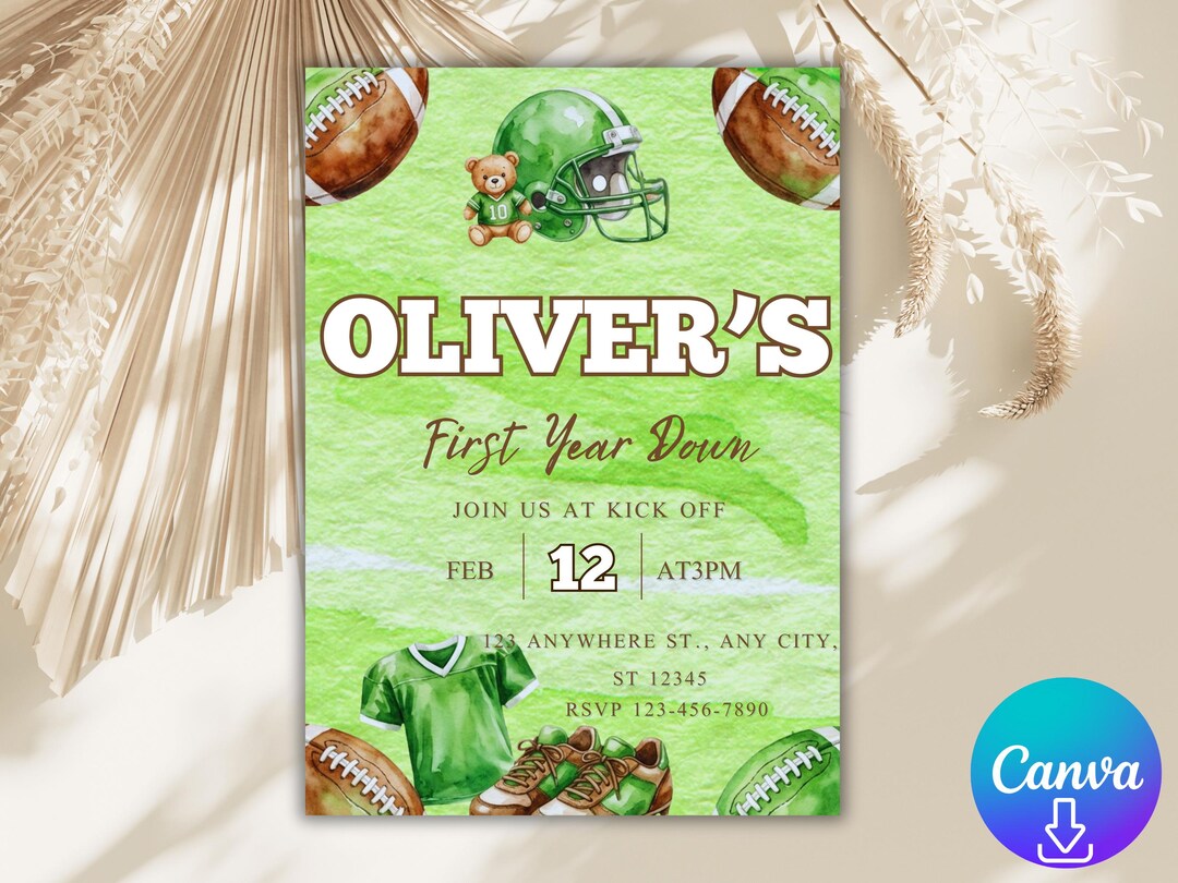 Football First Birthday Invitation First Year Down, 1st Birthday Boy ...