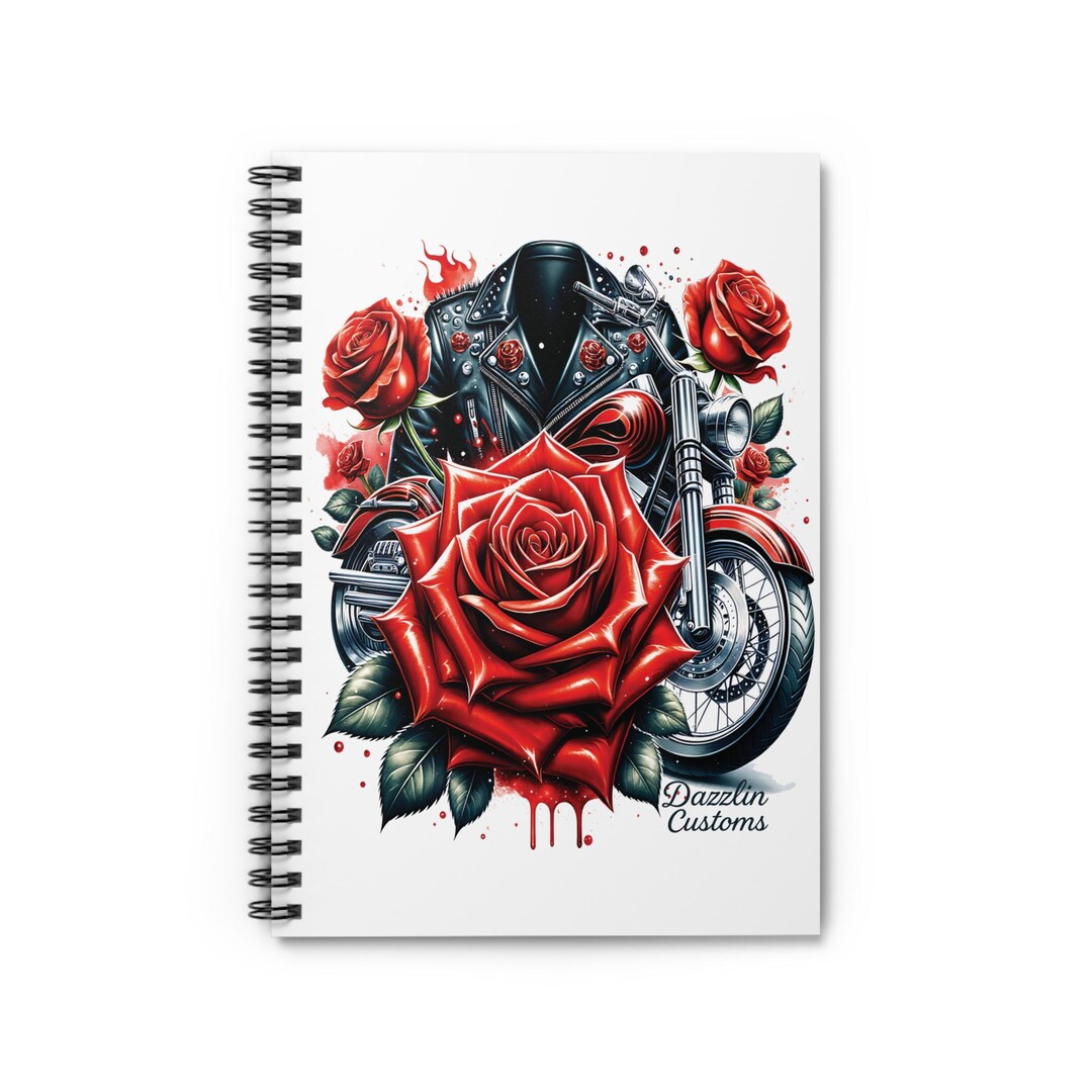 Custom Rose Motorcycle Spiral Notebook, Gift for Bikers, Floral Journal ...