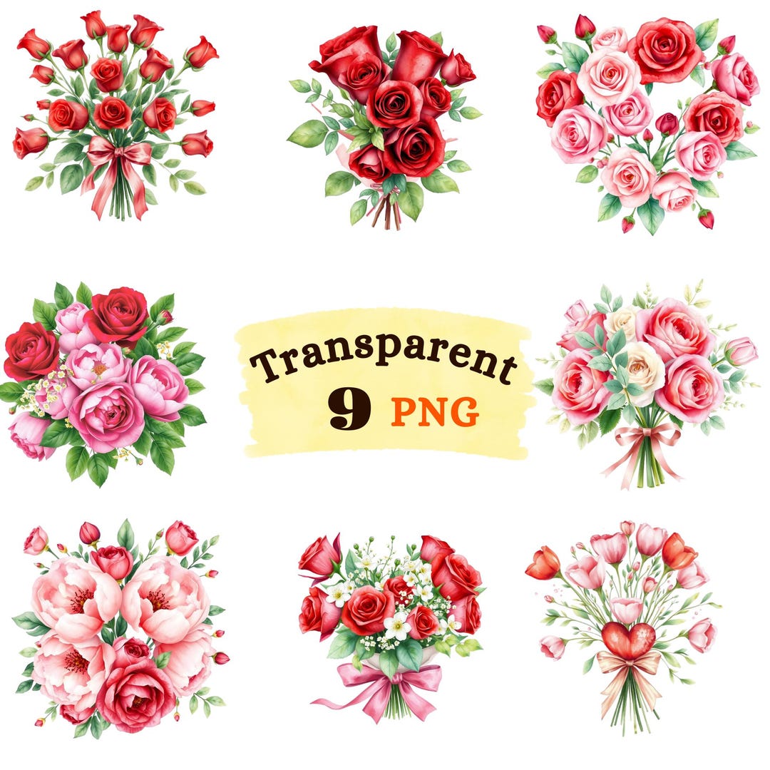 Watercolor Rose Bouquet Clipart, Red Pink Flowers (digital Download ...