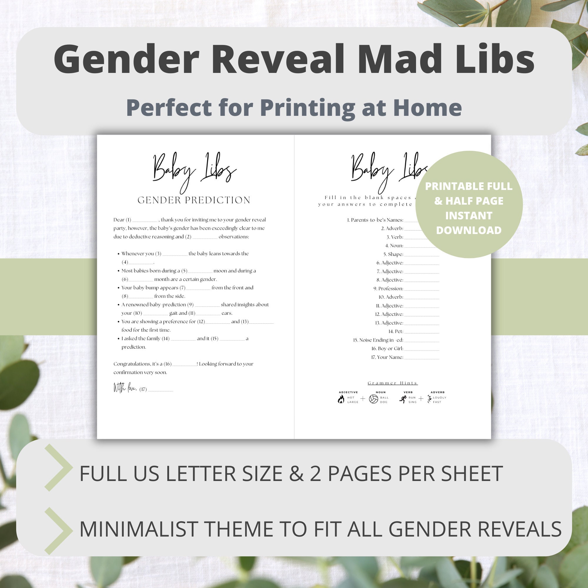 Gender Reveal Game Printable Mad Libs Minimalist Boy or Girl Prediction ...
