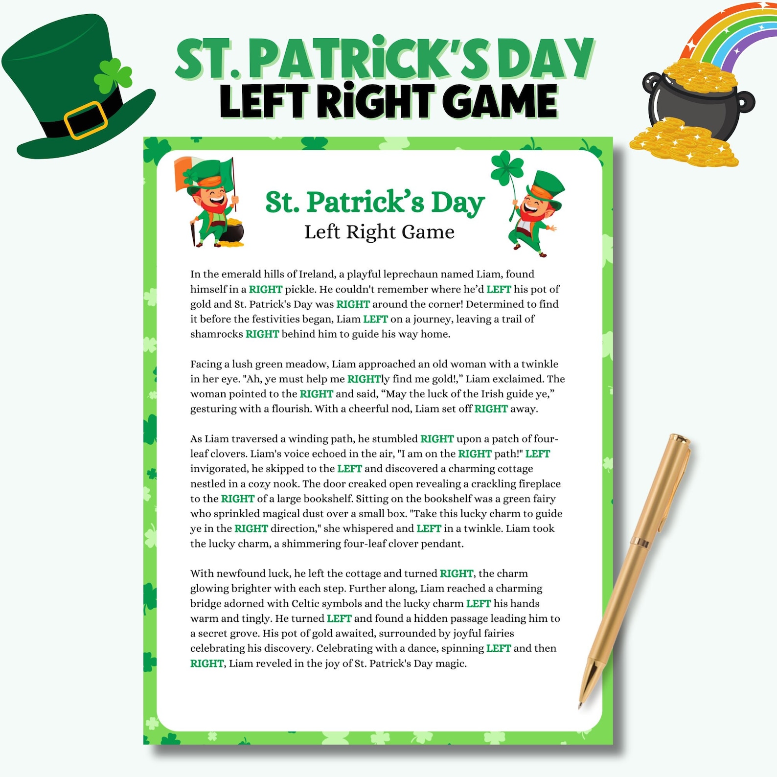 St. Patrick's Day Left Right Game, Kid's Right Left Gift Activity, Pass ...