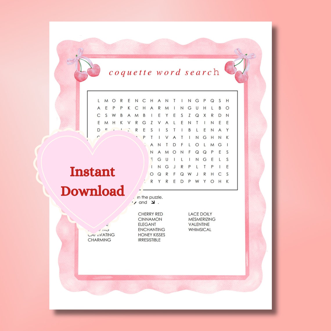 Girly Pink Coquette Word Search Puzzle Activity, Word Finder Perfect ...