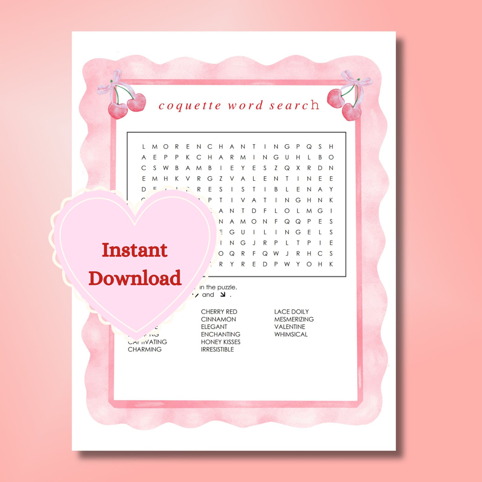Girly Pink Coquette Word Search Puzzle Activity, Word Finder Perfect ...
