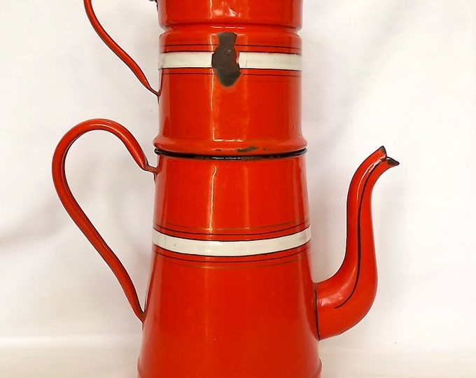 Vintage French Large Enamel Coffee Pot in Bright Orange, Complete With ...