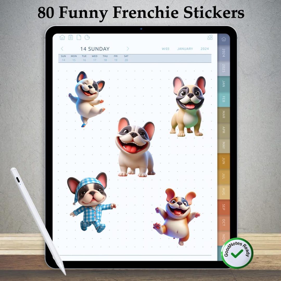 80 Funny Frenchie Stickers for Goodnotes – Pre-cropped Digital PNG Pack ...