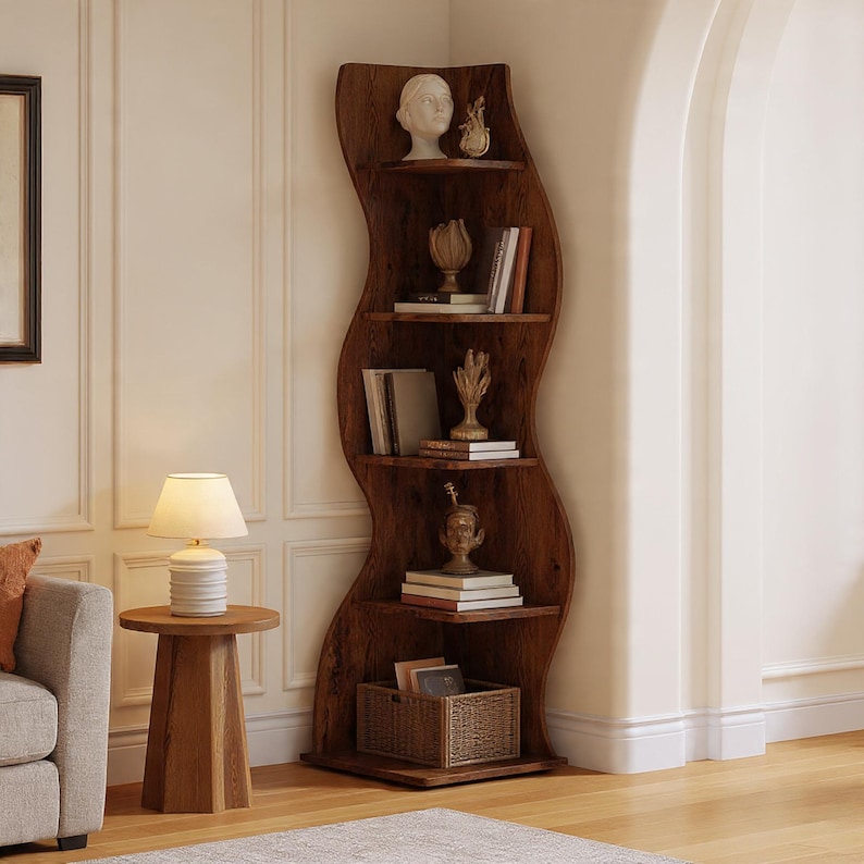 Modern 5-tier Wavy Corner Shelf – Unique Curvy Shape Bookshelf & Plant ...